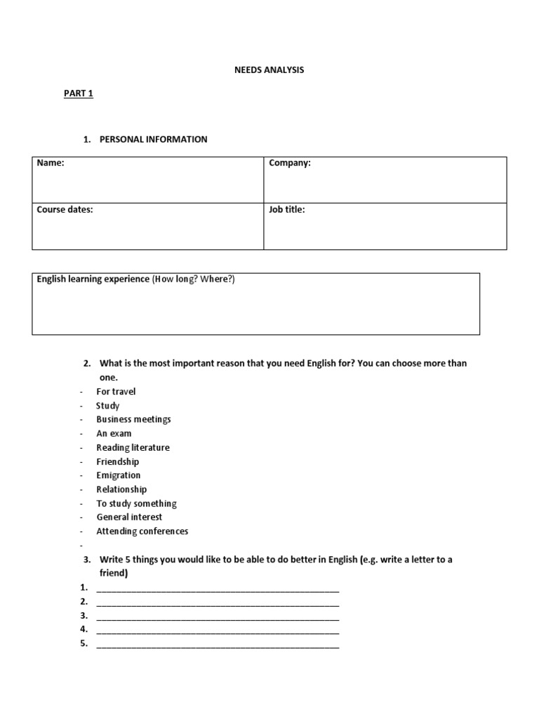 Needs Analysis Questionnaire For ESP | PDF | Conversation | English ...