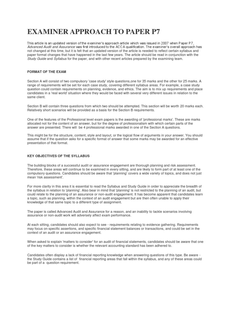 Examiner Approach To Paper P7 | PDF | Audit | Financial Statement