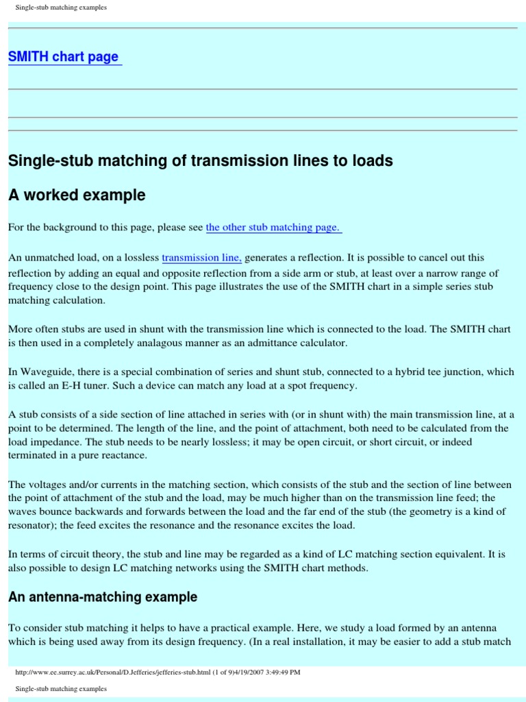 Single-Stub Matching Examples | PDF | Antenna (Radio) | Transmission Line