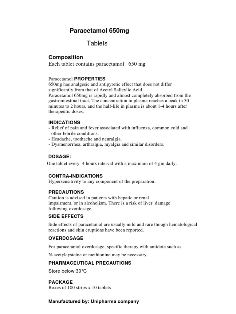 Paracetamol 650mg: Uses and Precautions | PDF
