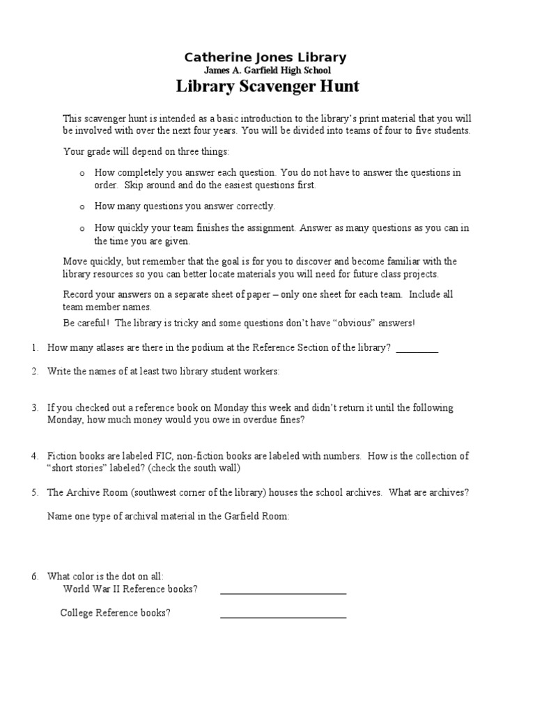 Library Scavenger Hunt | Download Free PDF | Libraries | Bookcase