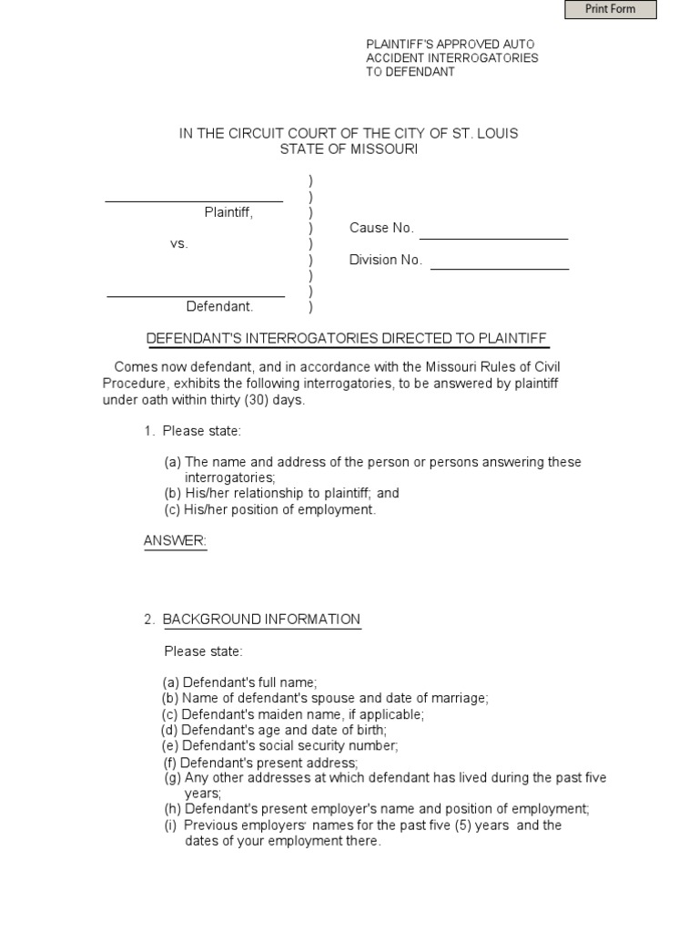 Auto Accident Interrogatories MO | PDF | Witness | Interrogatories