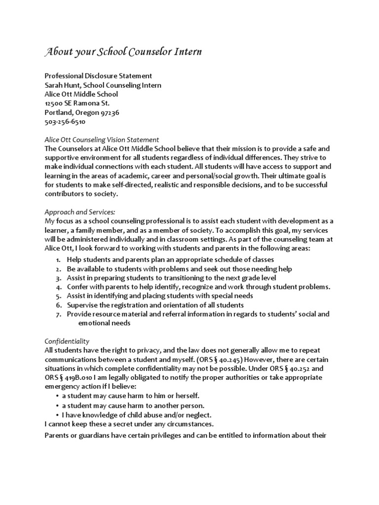 Professional Disclosure Statement | PDF | School Counselor | Confidentiality