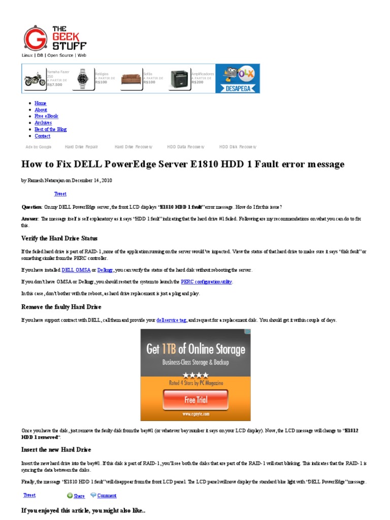 How To Fix DELL PowerEdge Server E1810 HDD 1 Fault Error Message | PDF ...