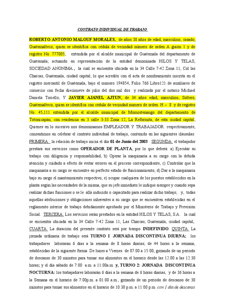 Contrato Individual de Trabajo | Guatemala | Labour Law