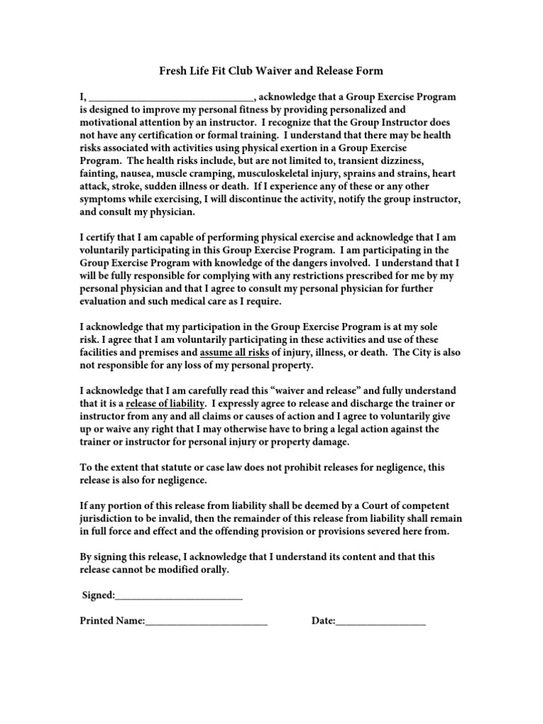 Fresh Life Fit Club Waiver Form | PDF