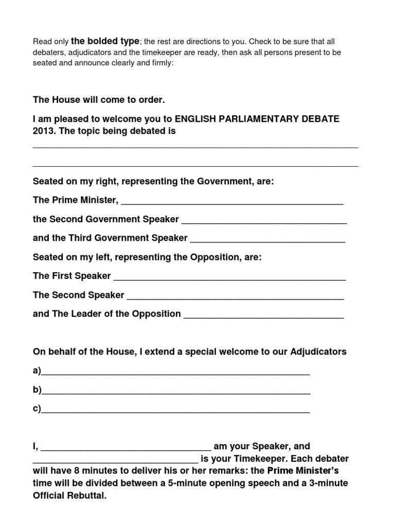 Parliamentary Debate Speaker's Script | PDF | Public Sphere | Government