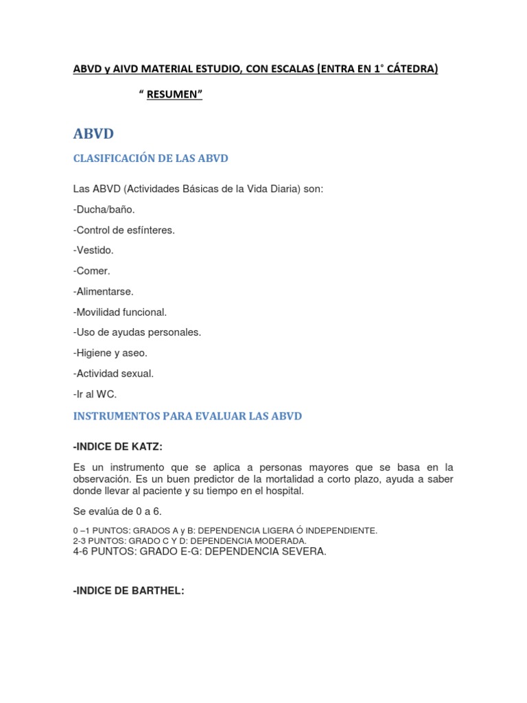 Abvd y Aivd Material Estudio Resumido | PDF | Adultos | Vejez