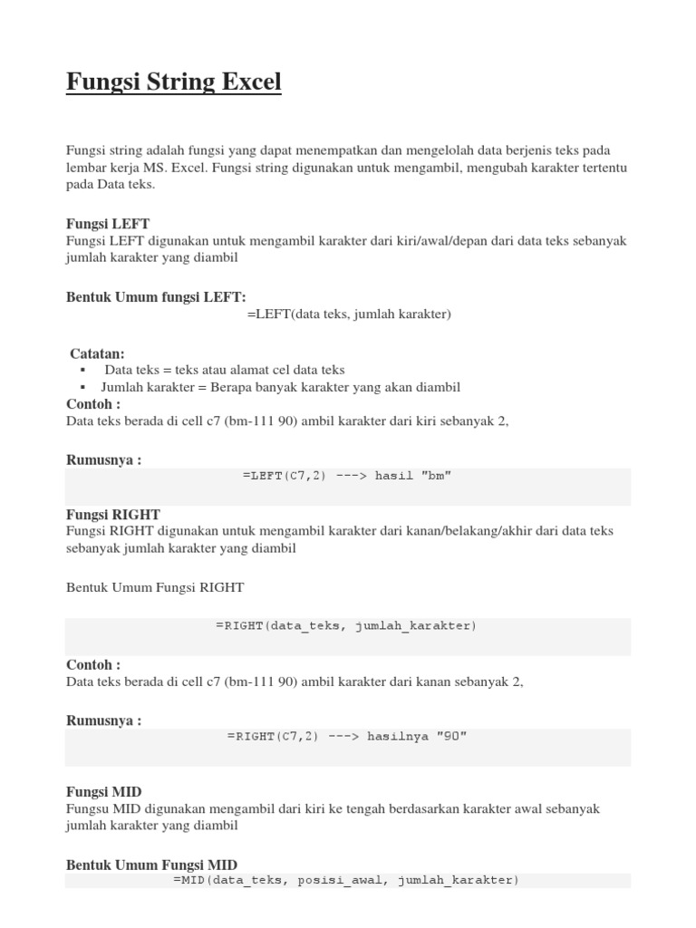 Fungsi String Excel | PDF | Metode & Bahan Ajar | Komputer