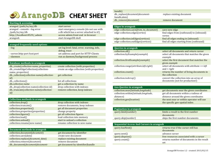 Arangodb 1.2 Shell Reference Card PDF | PDF | Vertex (Graph Theory) | Information Technology ...