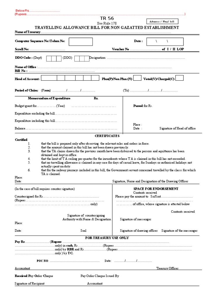 Travelling Allowance Bill for Non-Gazetted Establishment | PDF ...