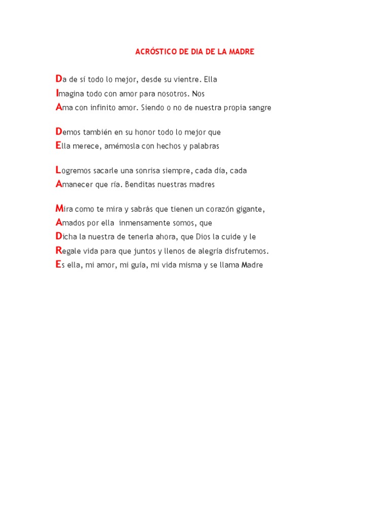 Acróstico de Dia de La Madre | PDF | Cocina, comidas y vino | Religión ...