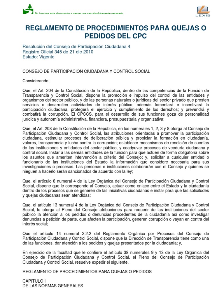 Reglamento de Procedimientos para Quejas o Pedidos Del CPCCS | PDF ...