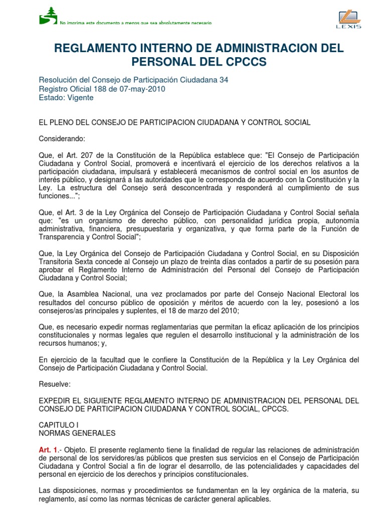Reglamento Interno de Administración Del Personal Del CPCCS | PDF ...