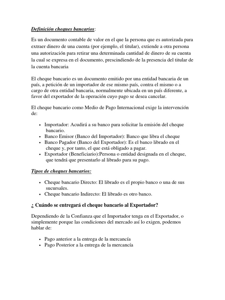Cheques Bancarios: Definición y Funcionamiento | PDF | Cheque ...