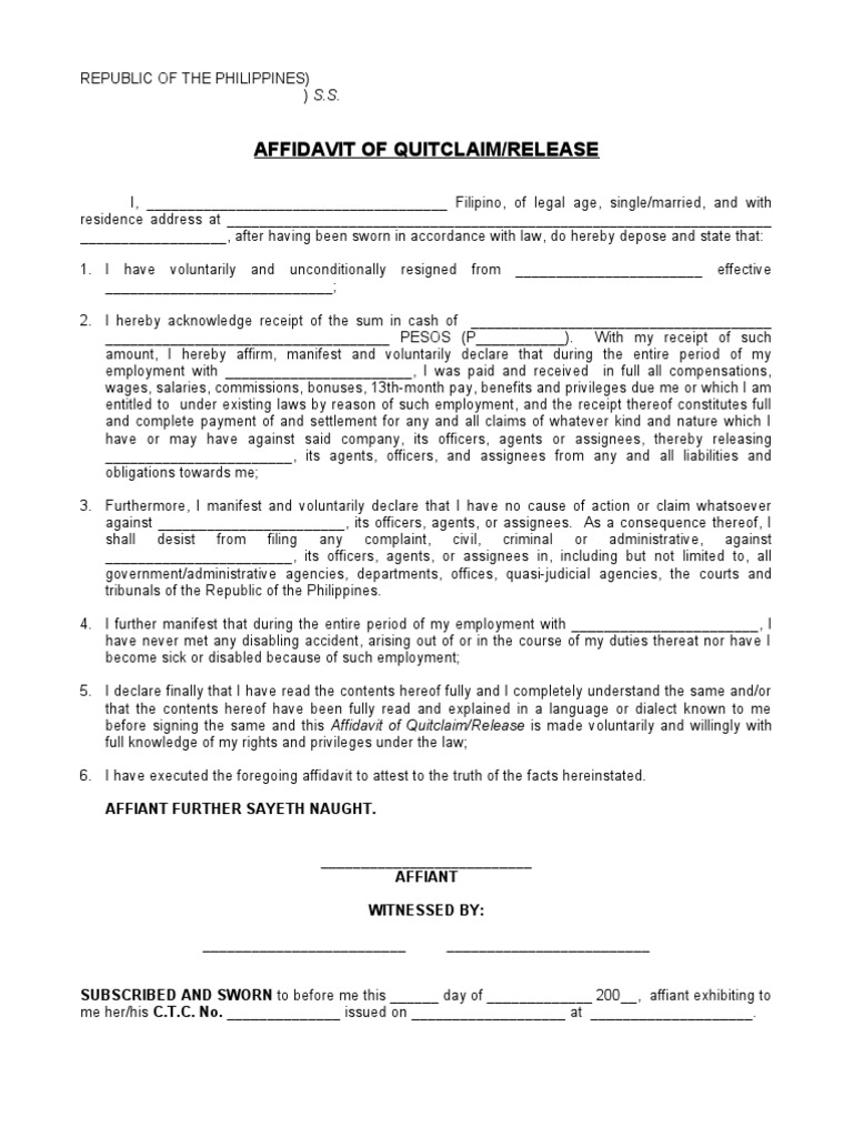 Affidavit of Quitclaim Release | Affidavit | Employment