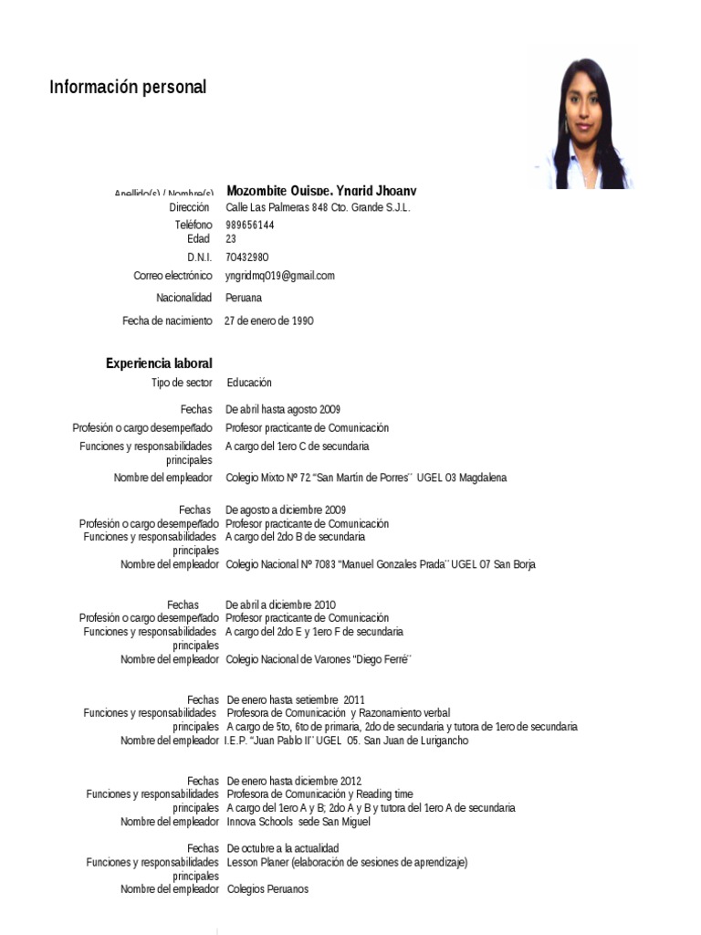CV - Mozombite Quispe Yngrid | PDF | Educación Secundaria | Perú