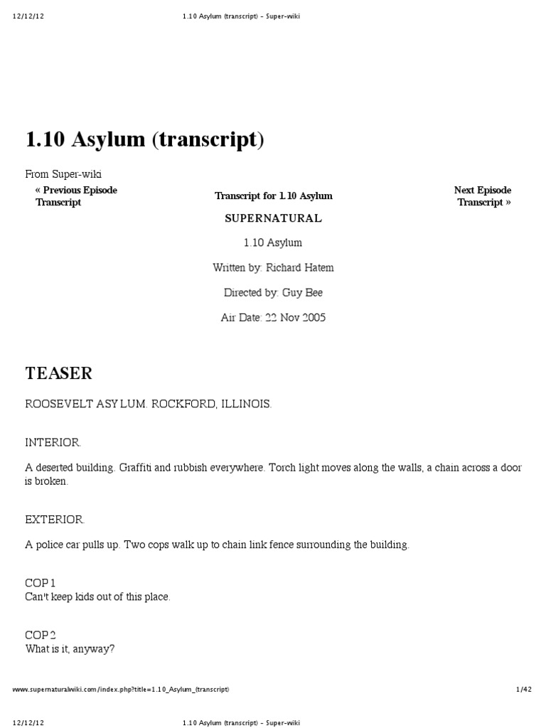 1.10 Asylum (Transcript) - Super-Wiki | PDF | Psychiatric Hospital