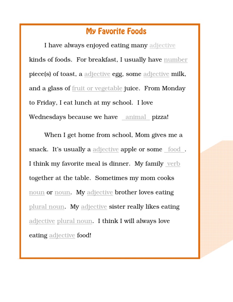 ESL Mad Libs - My Favorite Foods | PDF