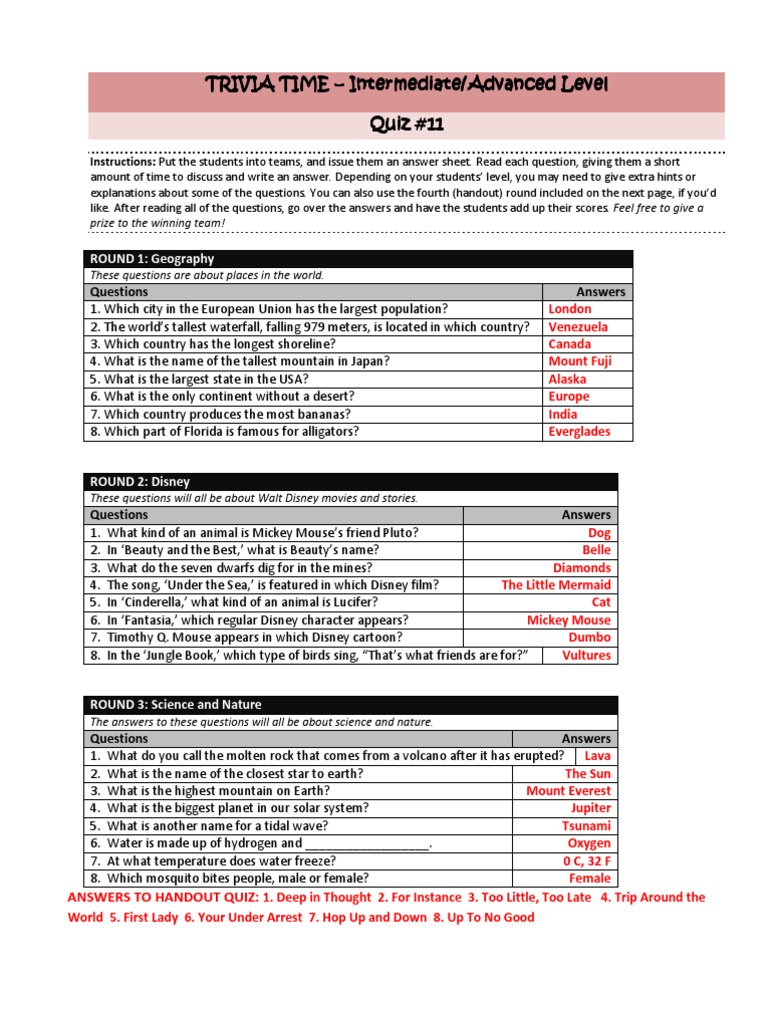 ESL Trivia Game - Advanced 2 | PDF | Walt Disney | Volcano