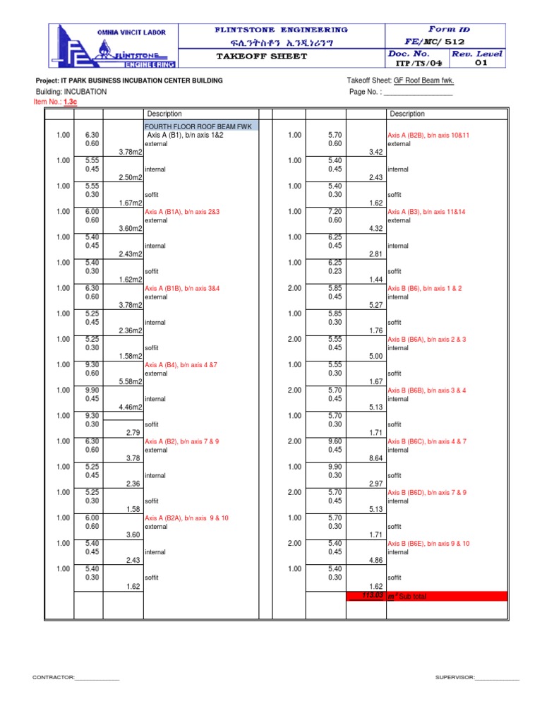 Beam Form Work Takeoff Sheet, Quantity Surveying | PDF