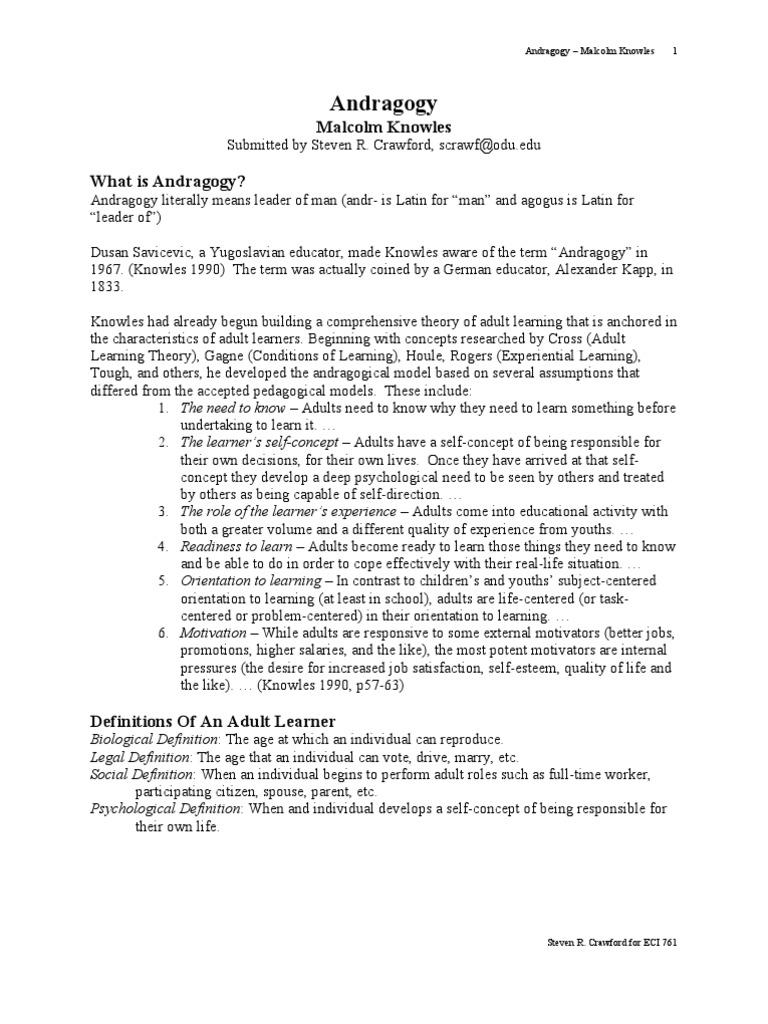 Andragogy by Malcolm Knowles | PDF | Adult Education | Learning