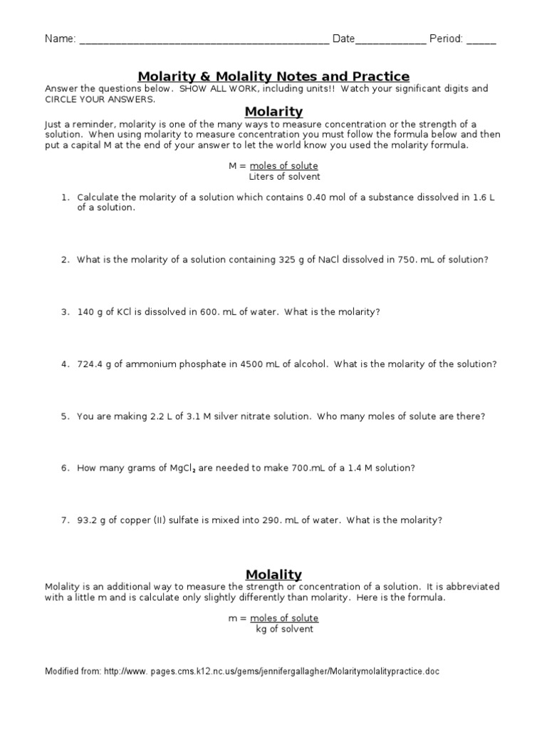 Molarity and Molality Practice Problems | PDF | Molar Concentration ...