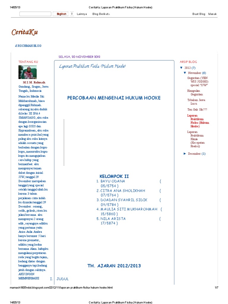 CeritaKu - Laporan Praktikum Fisika (Hukum Hooke) | PDF