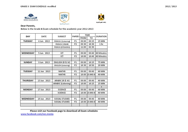 Grade 6 Exam Schedule 2012-2013 | PDF