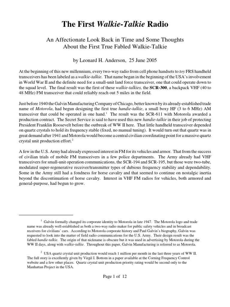 The First Walkie-Talkie Radio-Motorola Scr300 | PDF | Vacuum Tube ...