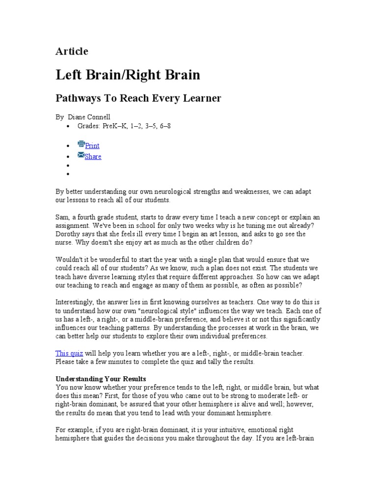 Left and Right Brain Quiz | PDF | Lateralization Of Brain Function ...