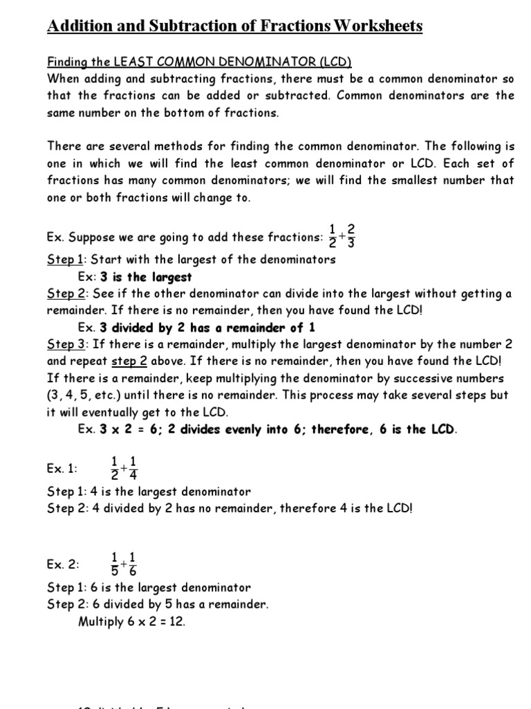Adding and Subtracting Fractions Worksheets | PDF | Fraction ...