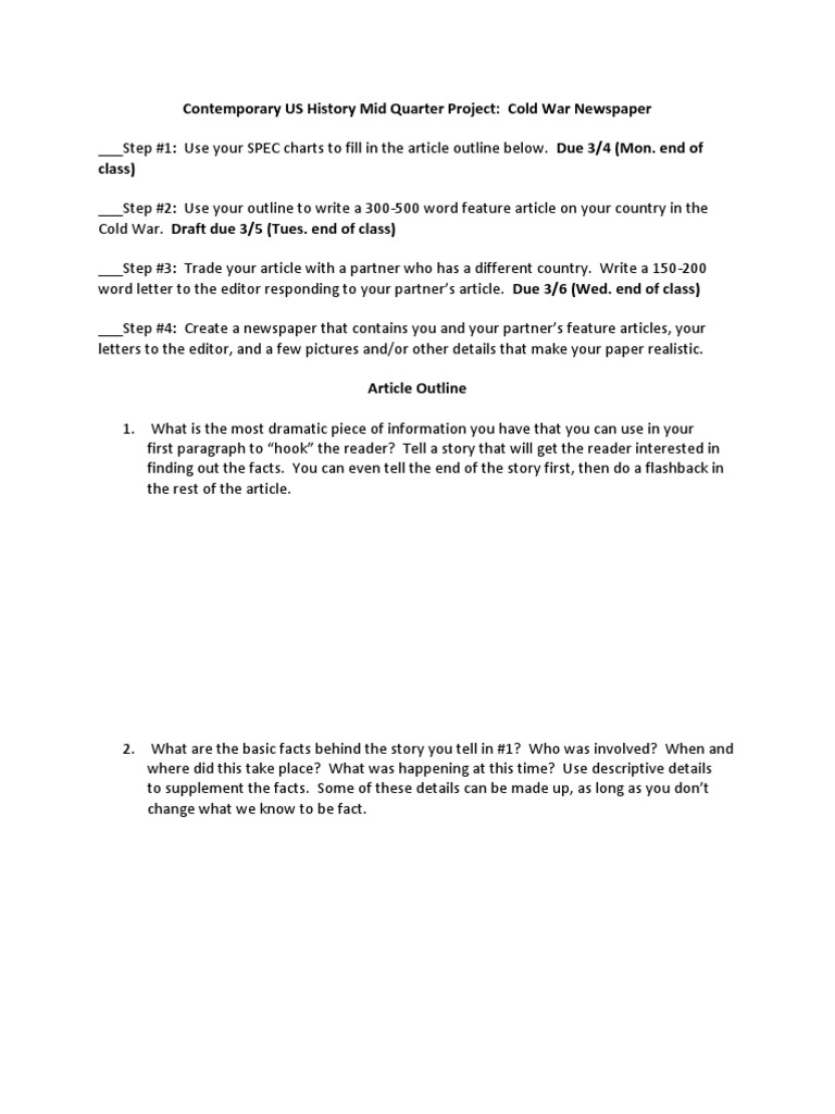 Contemporary US History Mid Quarter Project: Cold War Newspaper | PDF