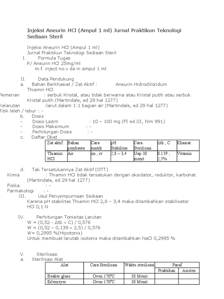 Injeksi Aneurin HCl: Formula dan Proses | PDF