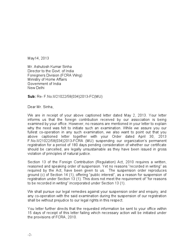Letter to FCRA Dept - INSAF response | Common Law | Public Law