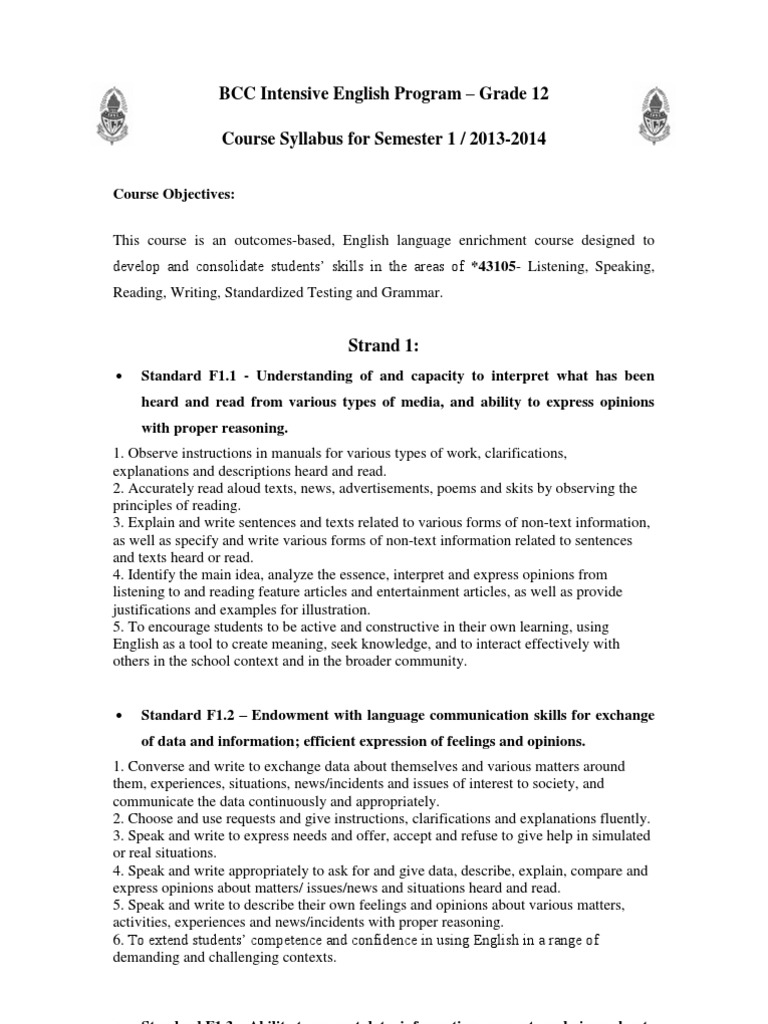 Grade 12 English Syllabus Semester 1 | PDF
