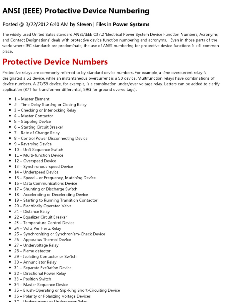 Print Version - Ansi (Ieee) Protective Device Numbering | PDF | Relay ...