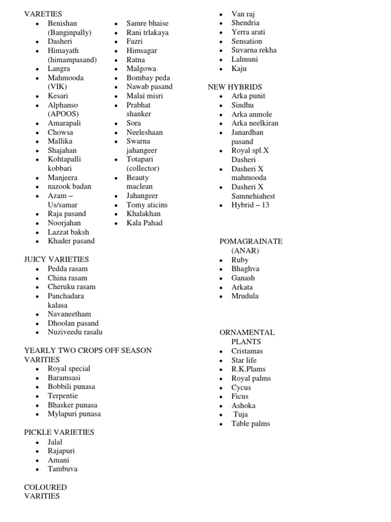 Mango Varieties and Hybrids Overview | PDF