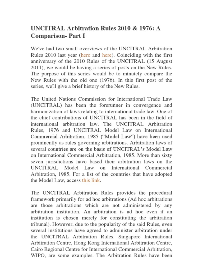 UNCITRAL Arbitration Rules 2010 & 1976: A Comparison-Part I | PDF | Arbitral Tribunal | Arbitration