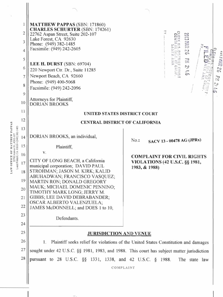 SACV 13-00478 Dorian Brooks v. City of Long Beach - Excessive Force ...
