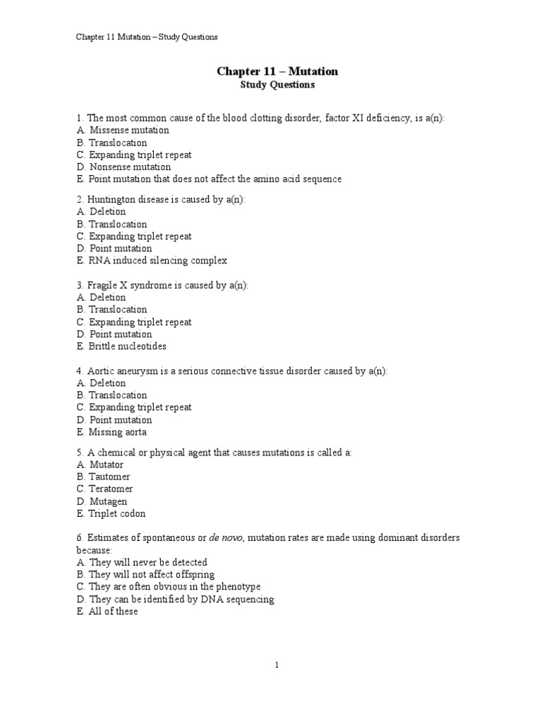 Chapter 11 - Mutation: Study Questions | PDF | Point Mutation | Mutation