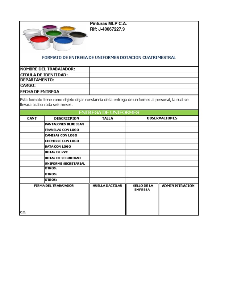 Formato De Entrega De Uniformes Pdf