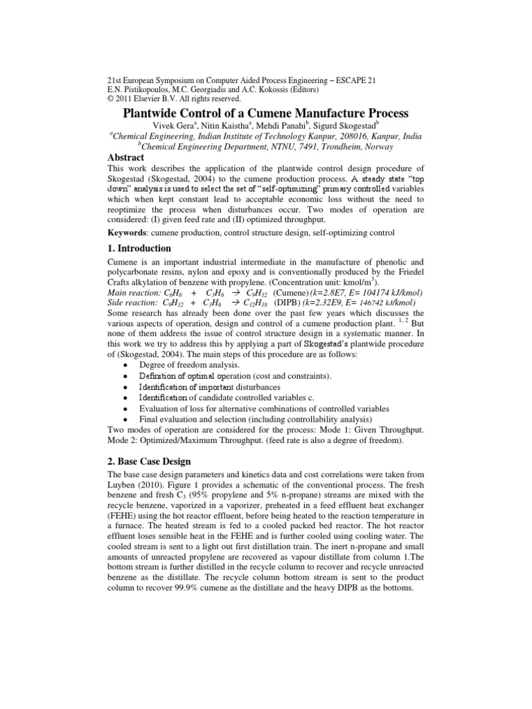 Plantwide Control of A Cumene Manufacture Process | PDF | Distillation | Chemical Reactor
