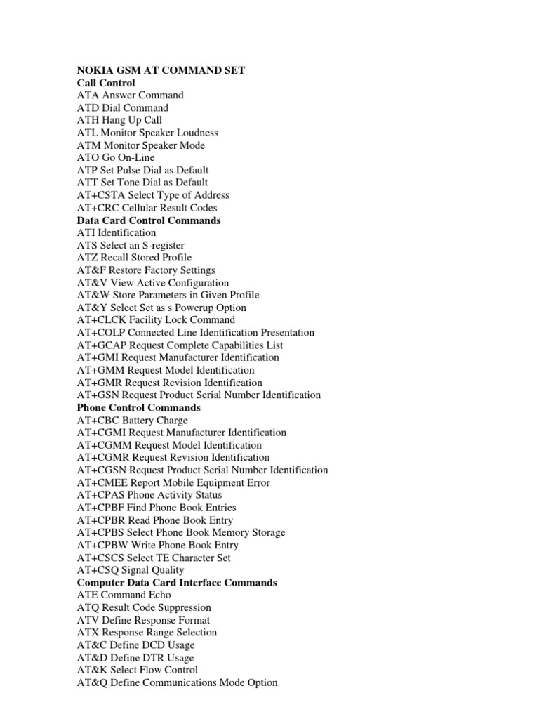Nokia GSM AT Command Overview | PDF | Computers