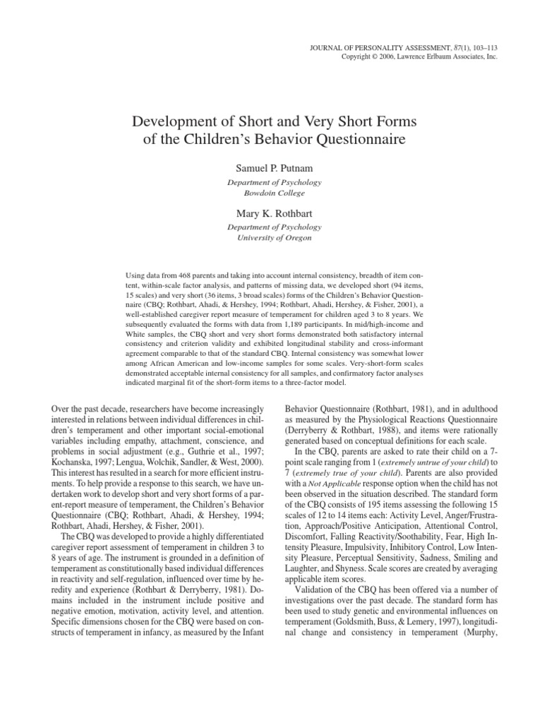 CBQ Development of Short Form | Temperament | Cognitive Science