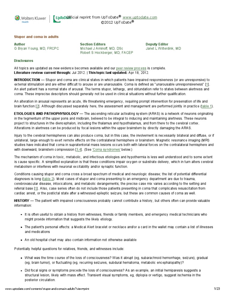 Stupor and Coma in Adults | Download Free PDF | Coma | Anatomical Terms ...
