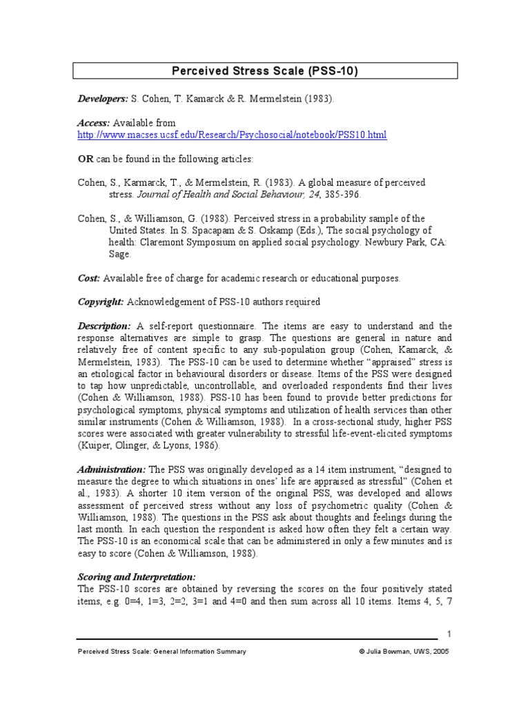 Perceived Stress Scale (PSS-10) | PDF | Quality Of Life | Applied ...