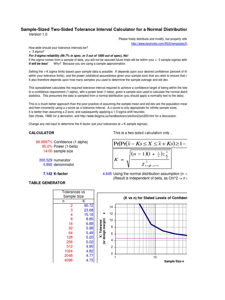 Normal Distribution Tolerance Sample Size Calculator | PDF | Teaching ...