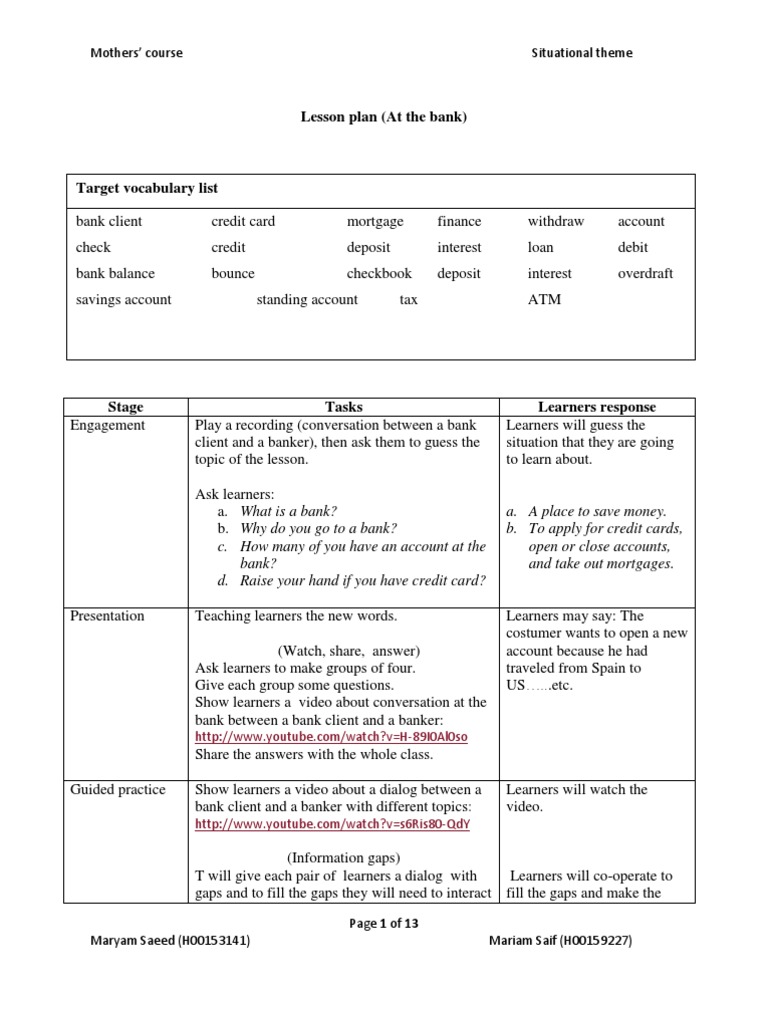At The Bank Lesson Plan | PDF