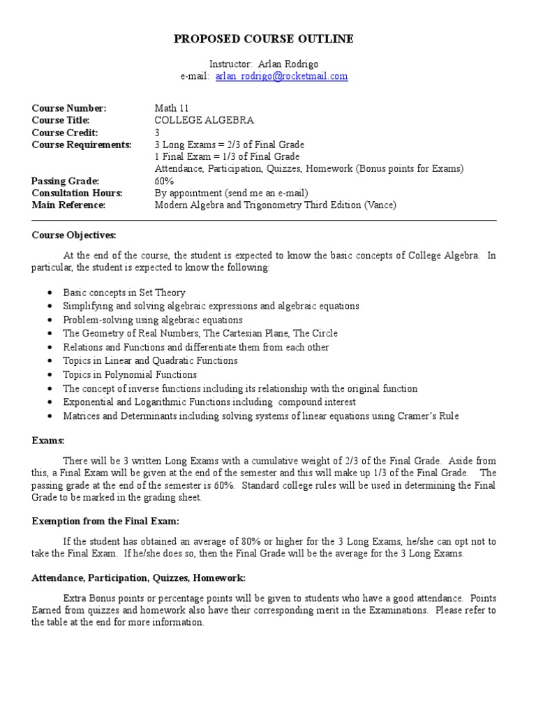 Proposed Course Outline - Algebra | PDF | Trigonometric Functions ...